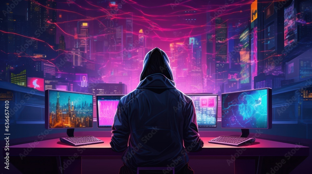 Cyberpunk hacker in a futuristic setting Stock Illustration | Adobe Stock