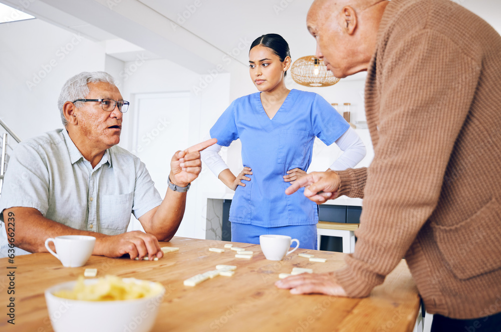 Nurse, senior and fighting over a game of dominoes with people in a ...