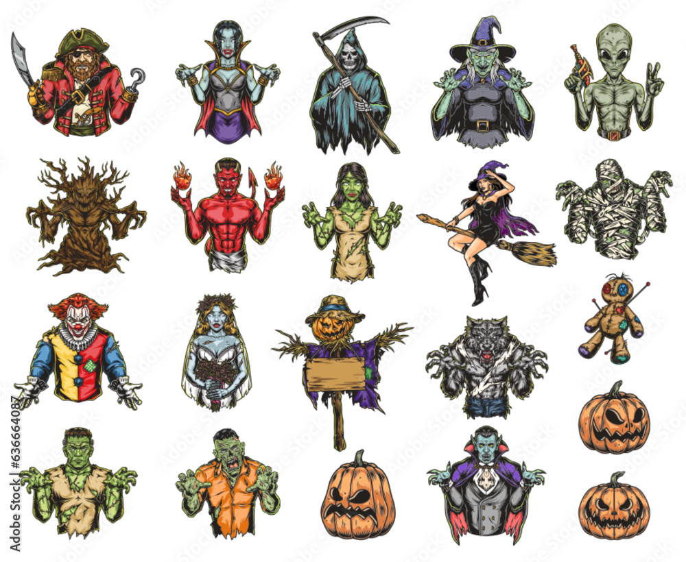 Halloween monsters set stickers colorful Stock Vector | Adobe Stock