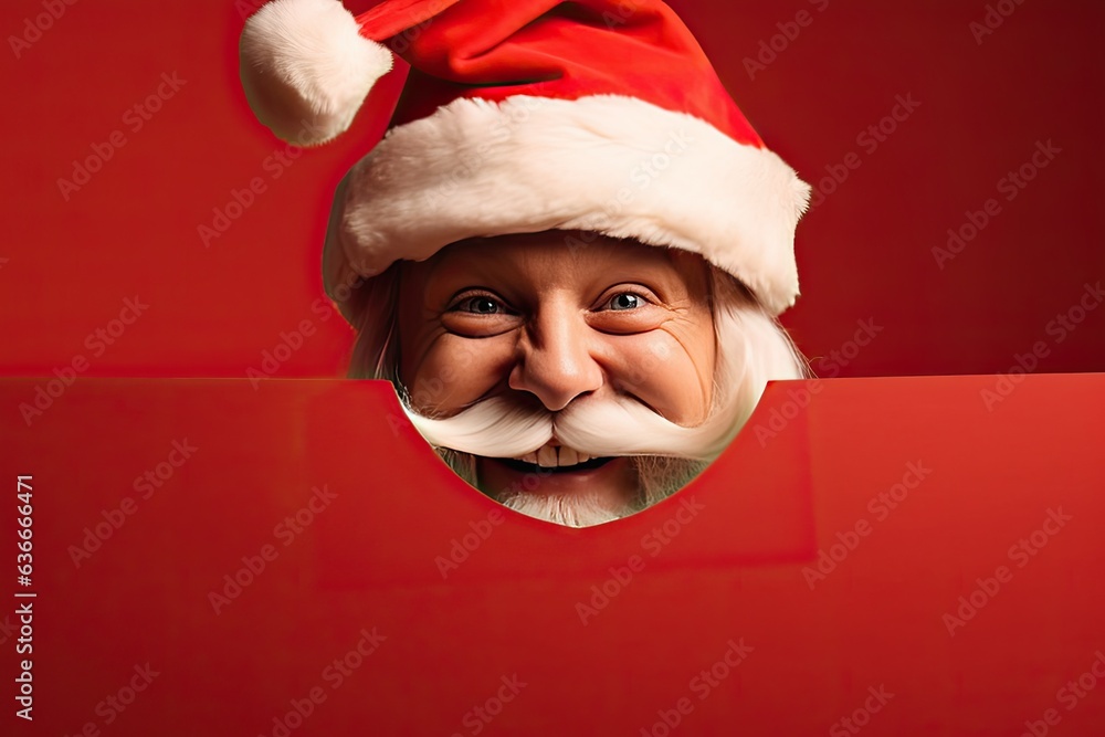 A portrait of a cheerful Santa Claus decorates the stage. Dressed in ...