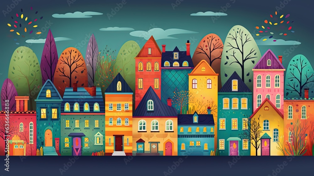 cute cartoon town, colorful urban city children art style illustration ...