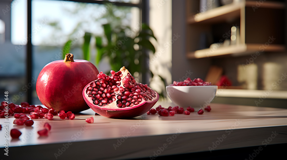 Pomegranates on a plate in a modern kitchen. The Essence of Nature's ...