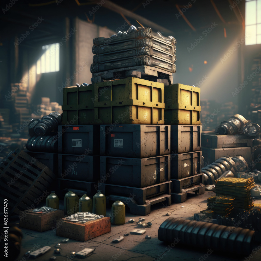 Photo & Art Print Stash of crates, military grade weapons, abandoned ...