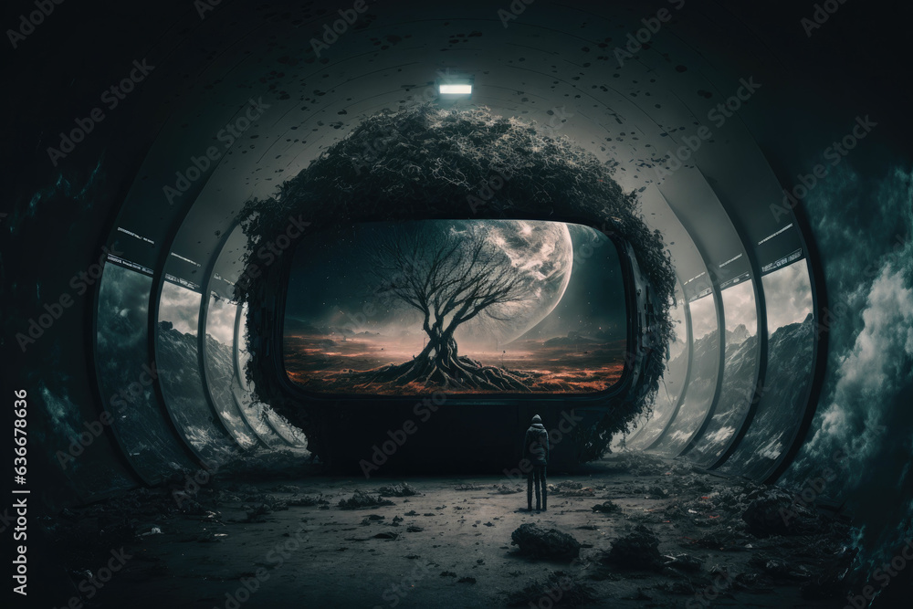 A terrifying abandoned location in the dark, alien bunker tunnel in a ...
