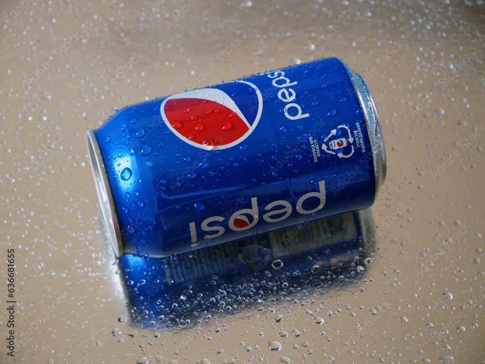 Kiev, Ukraine - May 12 2023: Pepsi Cola softdrink can on blue ...