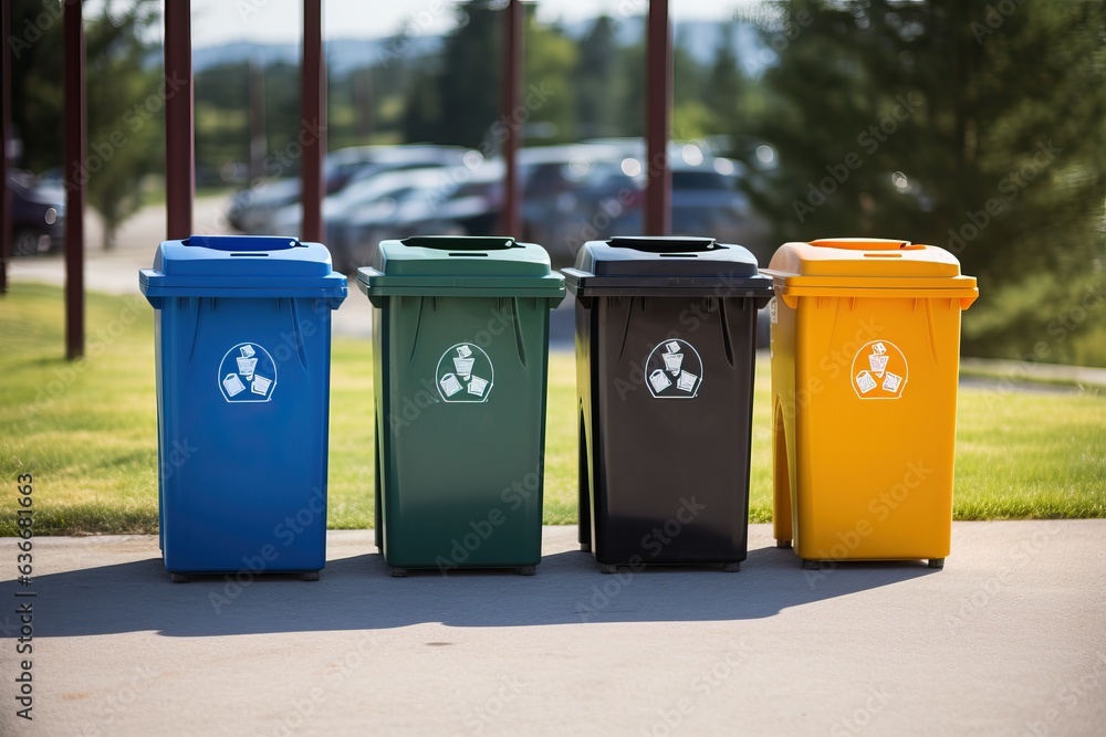 Recycle bin set, 4-color bins, color-coded bins with recycle symbols ...