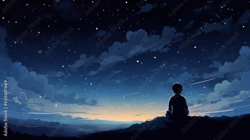 Illustration of a boy looking at night starry sky Stock Illustration ...