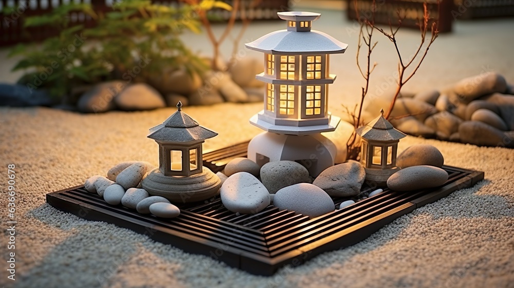 Japanese Zen Garden: Sand raked into patterns, stone lanterns, and a ...