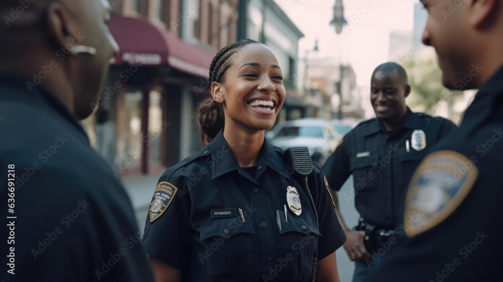 Smiling black female police officer talking to her colleagues Stock ...