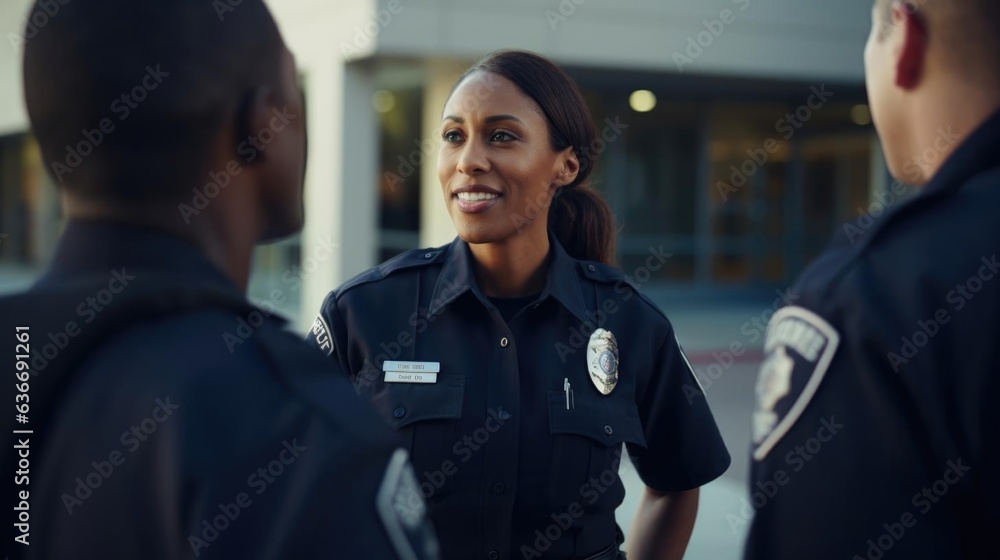 Smiling Black Female Police Officer Talking To Her Colleagues Stock