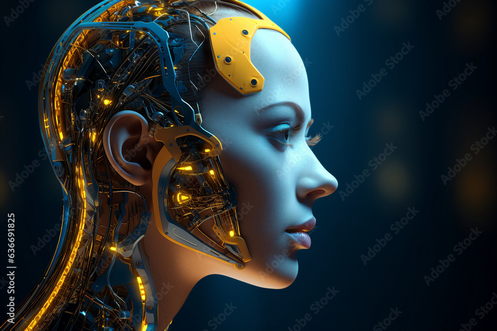 Generative ai collage of female humanoid robot invention on dark black background Stock Photo ...