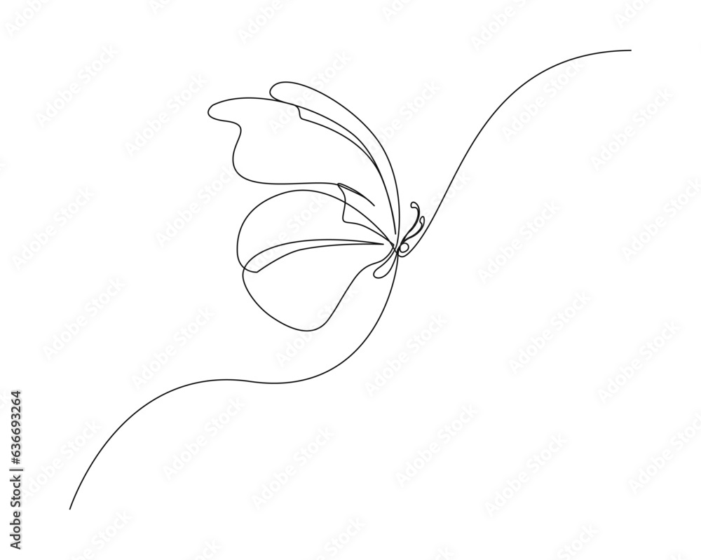 Continuous one line drawing of flying butterfly. Butterfly outline ...