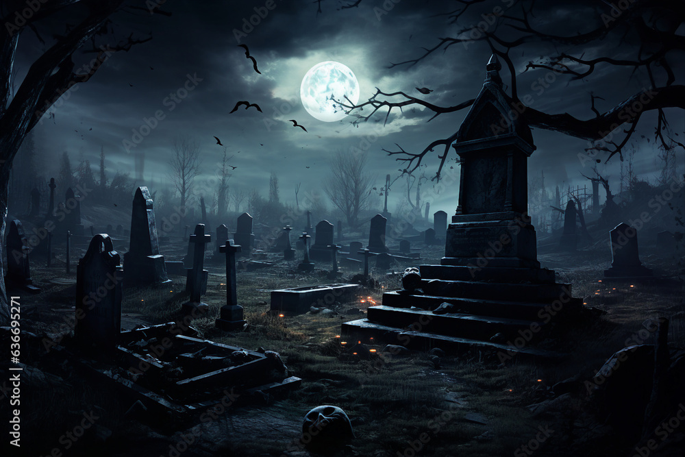 Old fashion Illustration of graveyard with old gravestones in cemetery ...