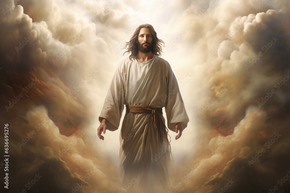 Jesus Christ in heaven surrounded by light embraced by heavenly ...