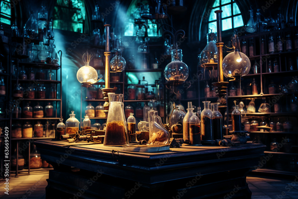 Generative ai collage image picture of alchemist lab with potion ...