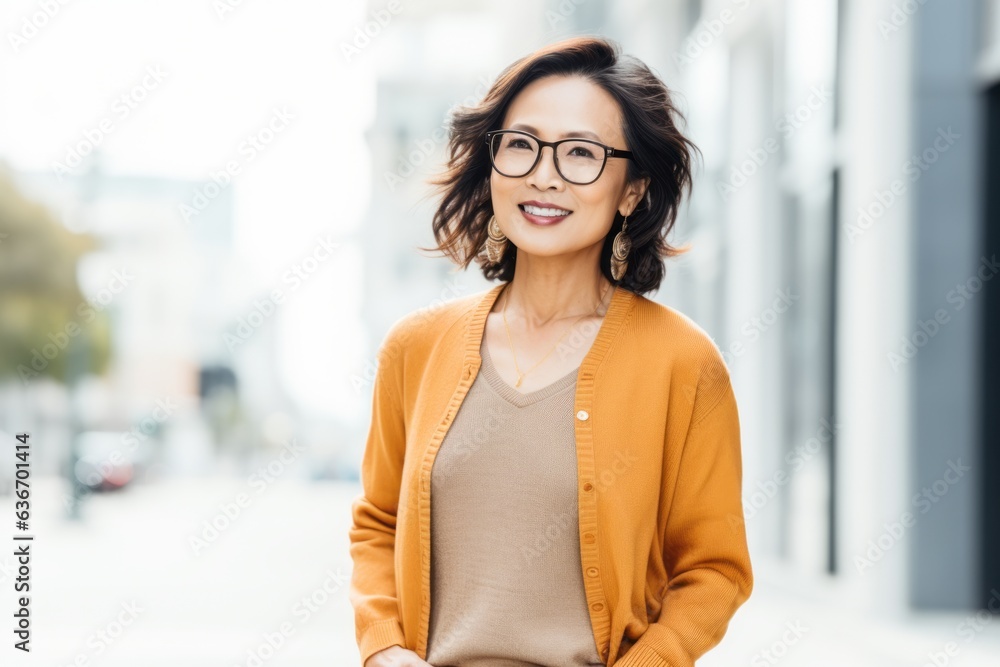 Lifestyle portrait of a Chinese woman in her 40s in a white background ...