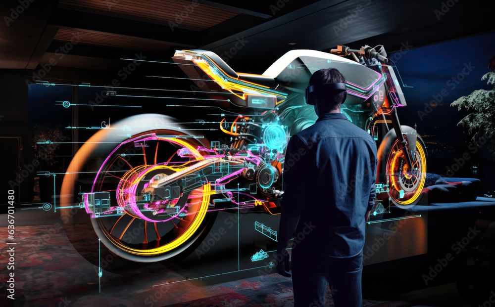 Man wearing AR/VR goggles viewing a 3D diagram of a motorcycle at home ...
