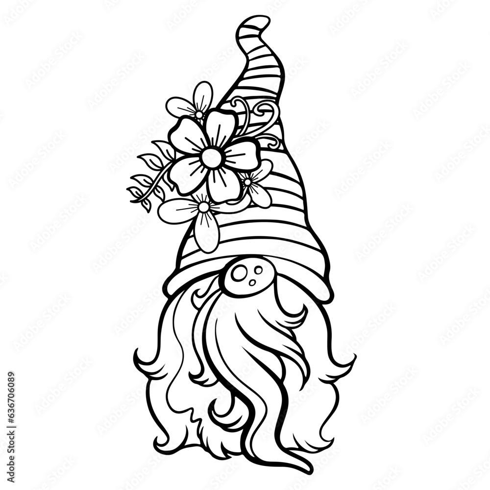 A painting of a gnome with a flower on its hat. It is a black and white ...