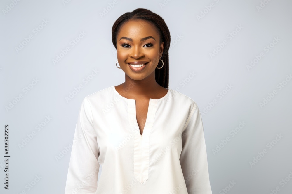 Lifestyle portrait of a Nigerian woman in her 20s in a white background ...