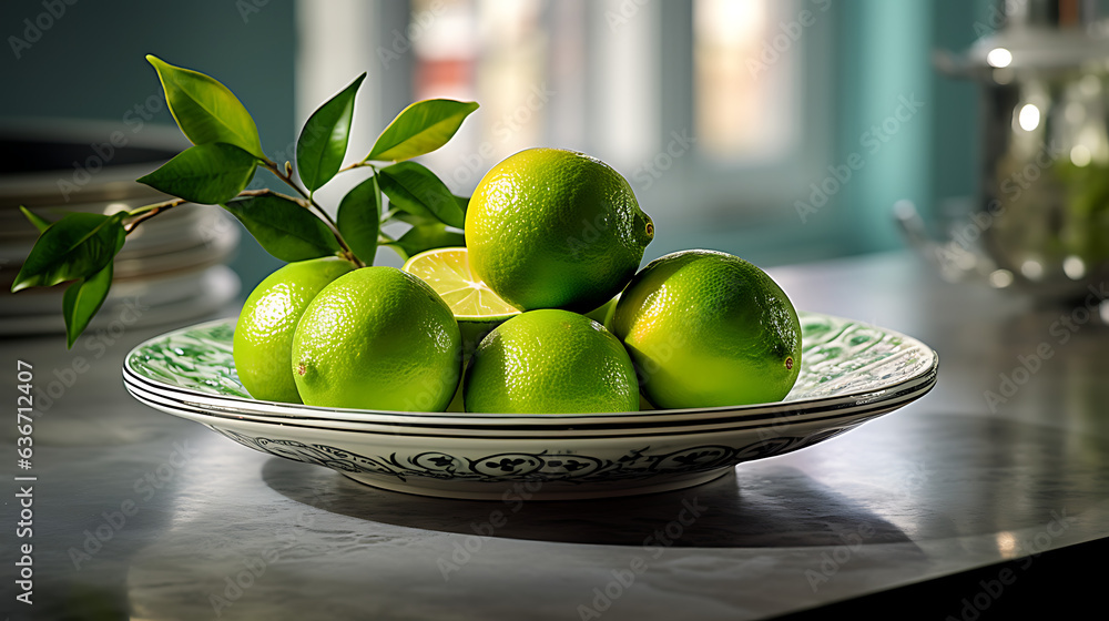 Limes on a plate in a modern kitchen. The Essence of Nature's Bounty ...