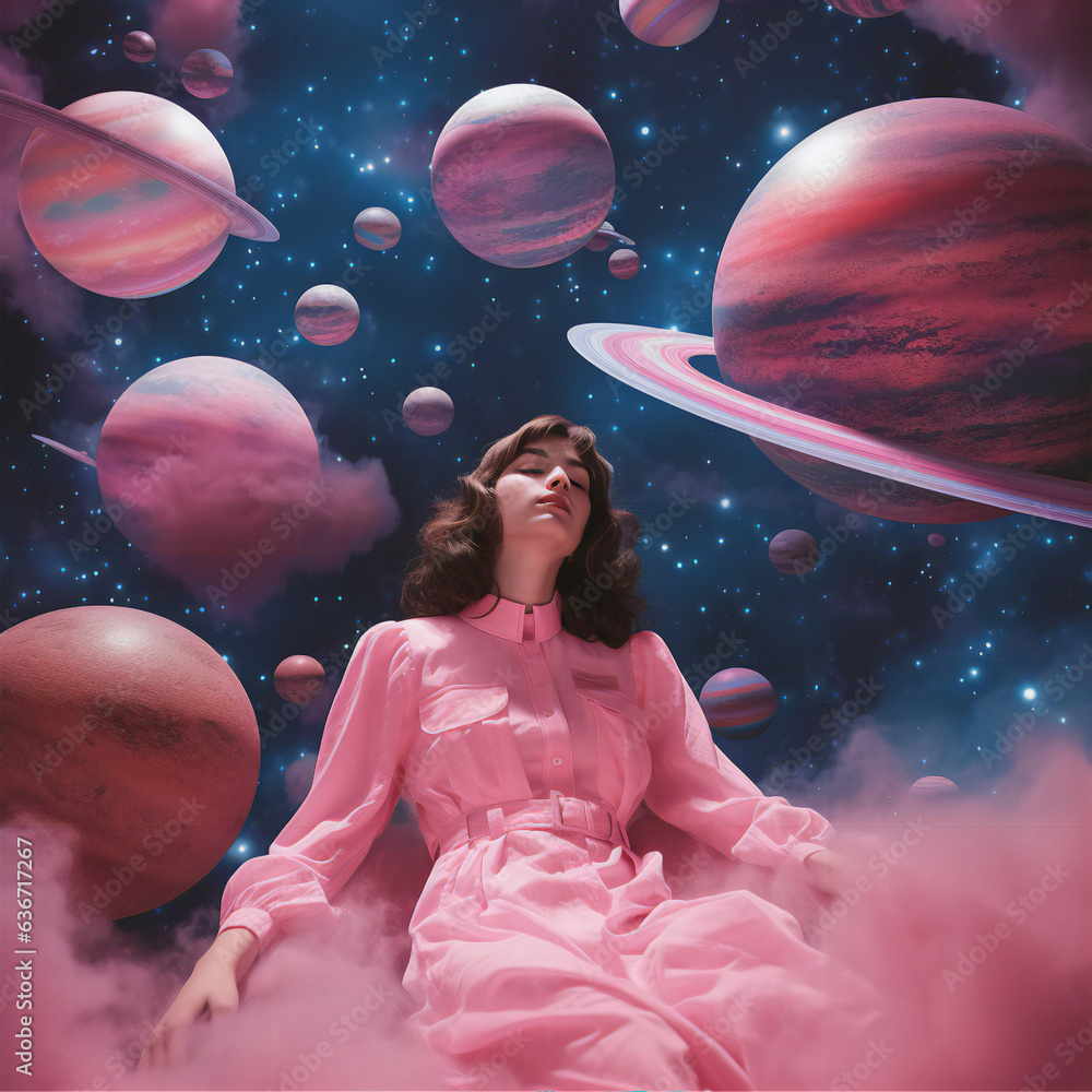 a girl floating in space with pink planets Stock Photo | Adobe Stock