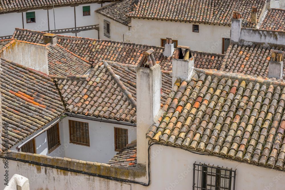 Poster spanish plaza views, traditional rooftops, architectural details ...
