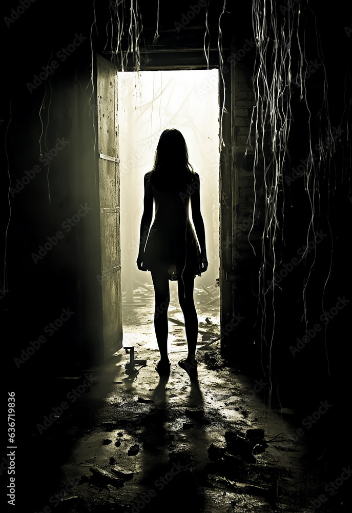 Lonely Girl stands in dark room, in-front of door light, dramatic light ...