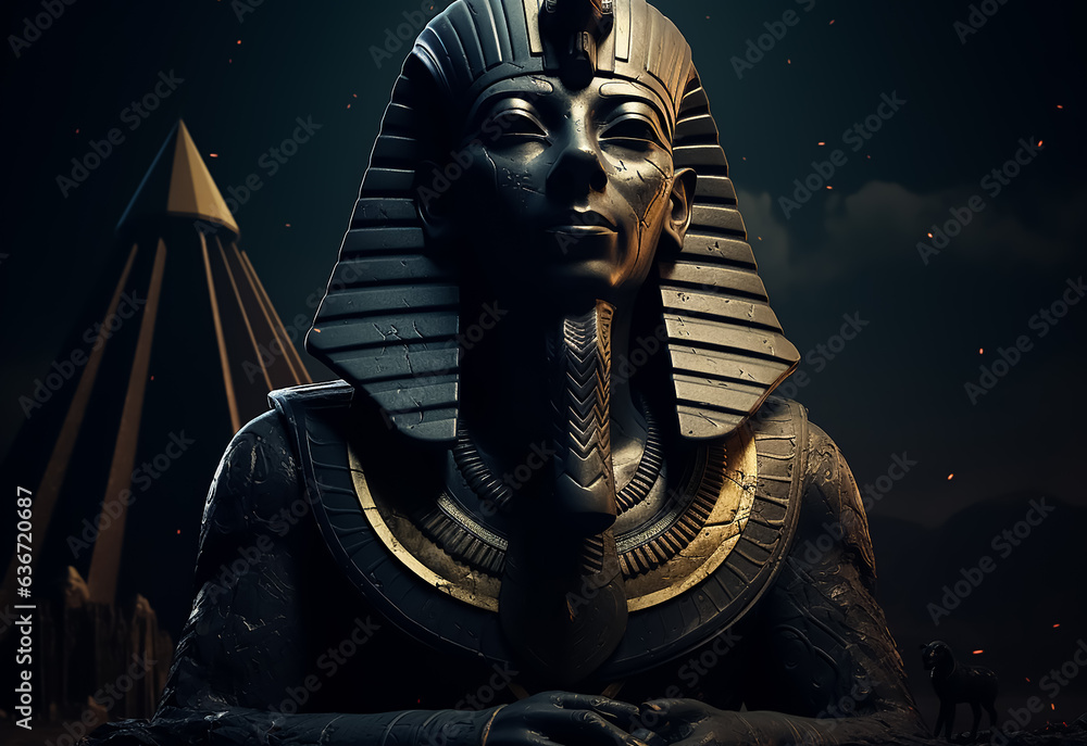 Egyptian pharaoh Sphinx statue in black marble at night in front of ...