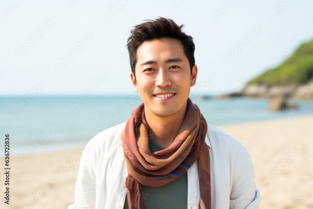 Medium shot portrait of a Chinese man in his 30s in a beach background ...