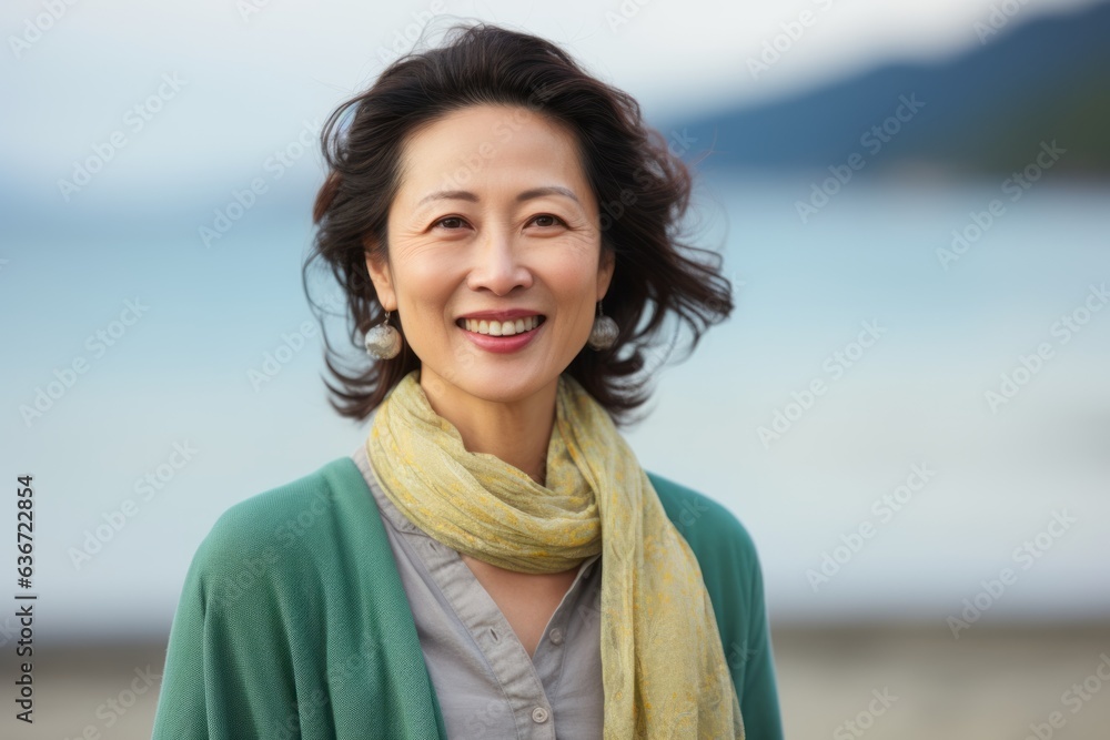 Lifestyle portrait of a Chinese woman in her 40s in a beach background ...