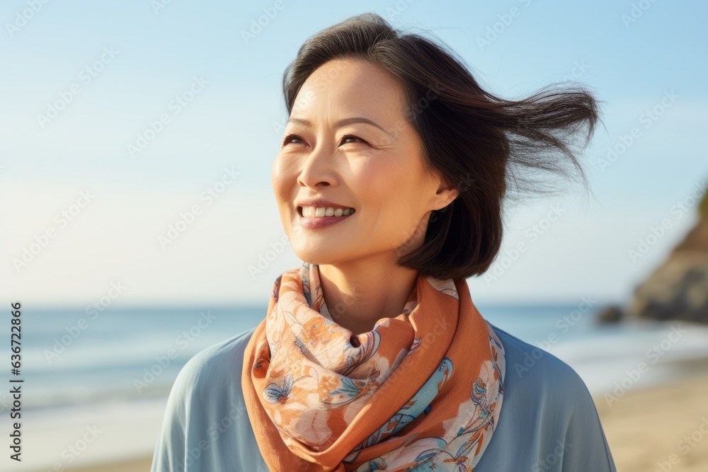 Lifestyle portrait of a Chinese woman in her 40s in a beach background ...