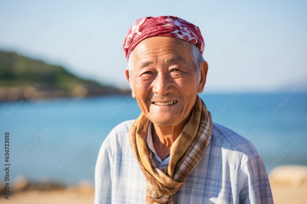Group portrait of a Chinese man in his 90s in a beach background ...
