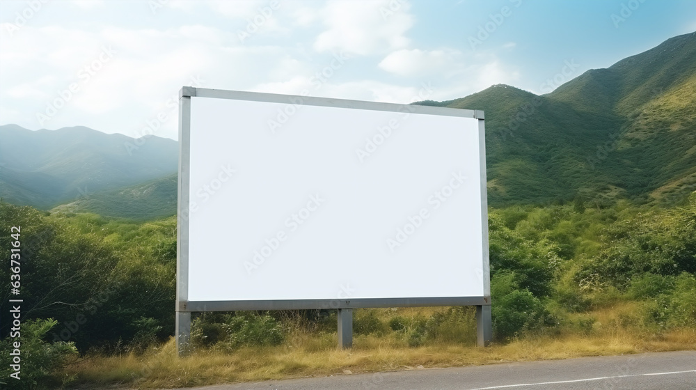 Blank billboard sign mock up template near the road. Forest and ...