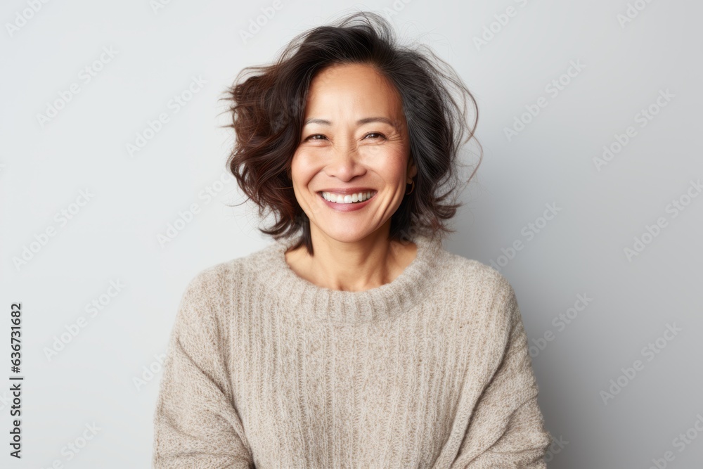 Portrait of a Chinese woman in her 40s in a white background wearing a ...