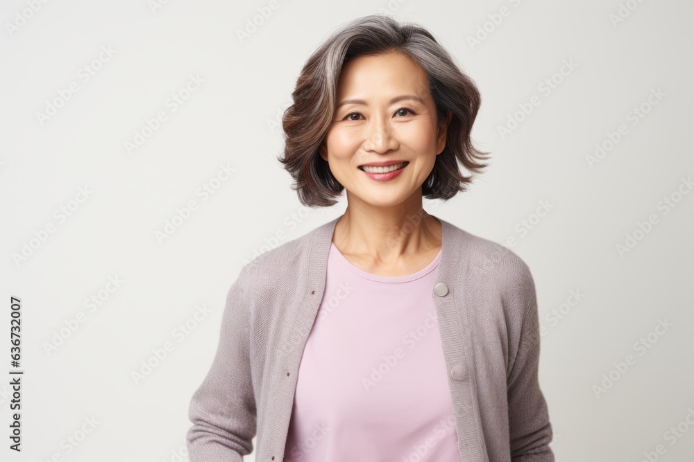 Portrait of a Chinese woman in her 40s in a white background wearing a ...