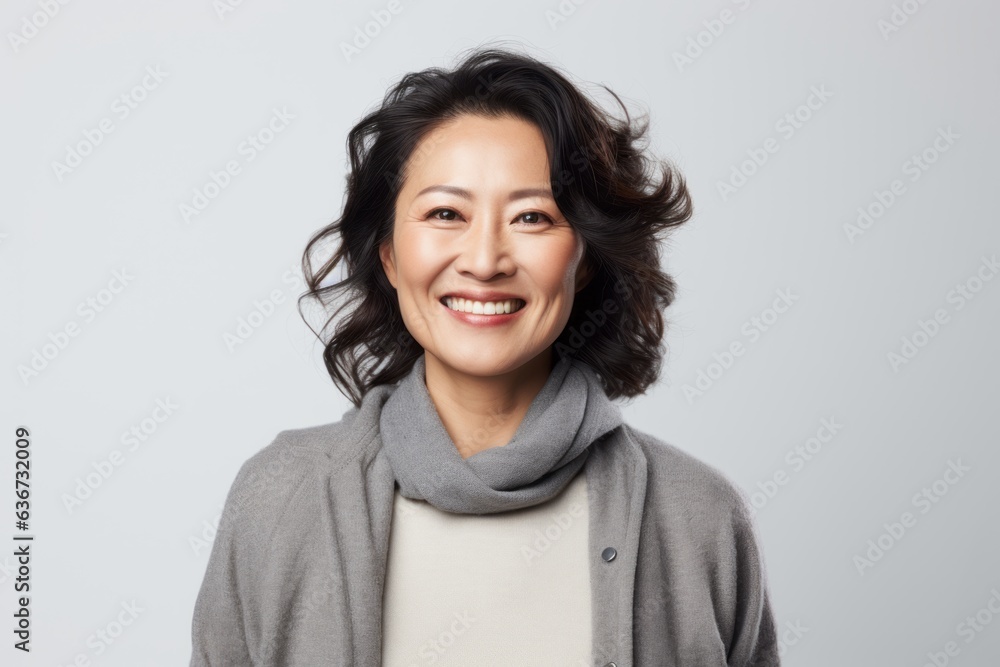 Portrait of a Chinese woman in her 40s in a white background wearing a ...