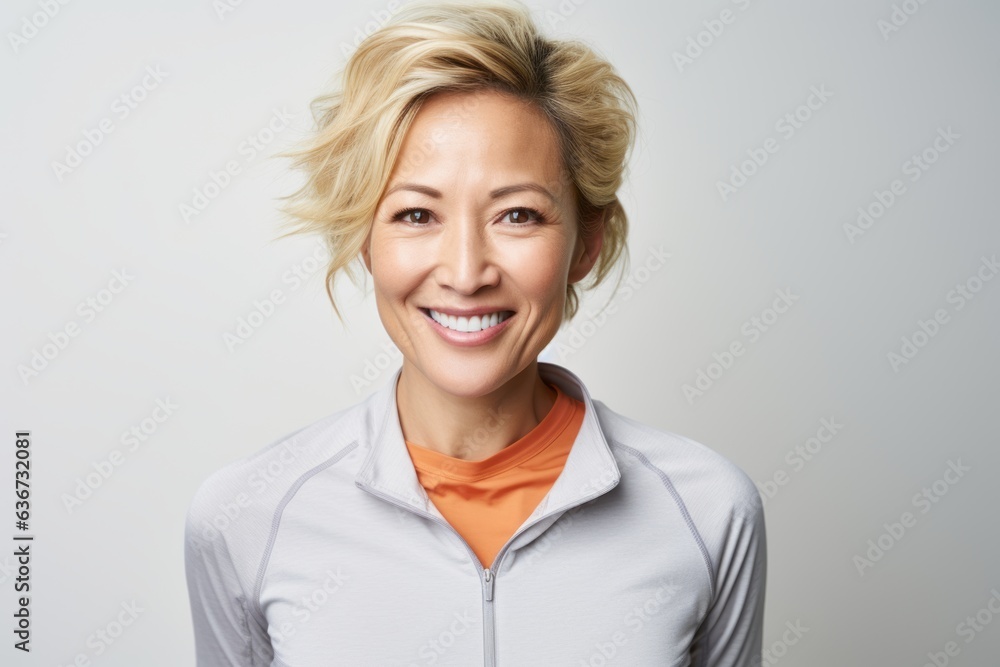 Portrait of a Chinese woman in her 40s in a white background wearing a ...