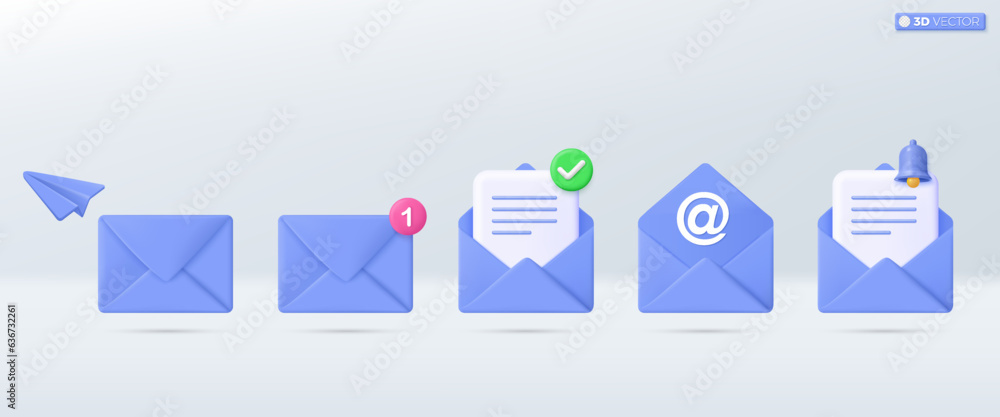 3d blue mail envelope icon set symbol. Render email notification with ...