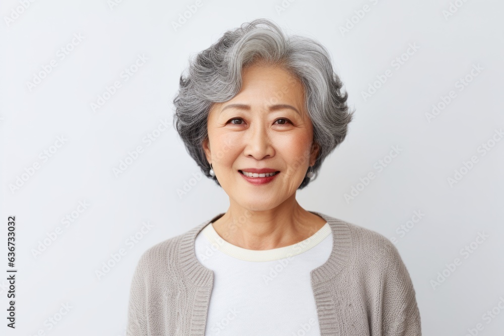 Portrait of a Chinese woman in her 60s in a white background wearing a ...