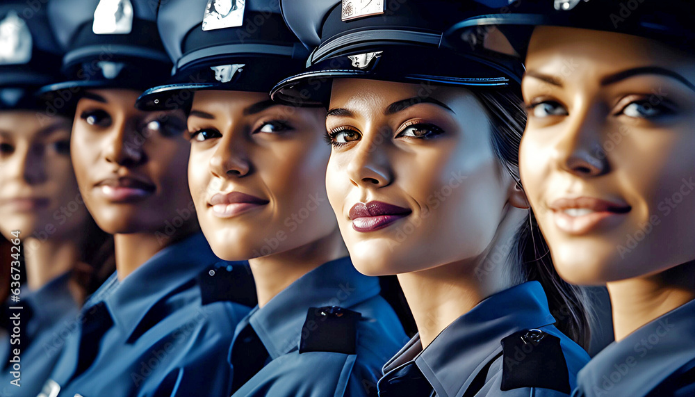 Female police academy cadets in uniform, lined up at the ready ...