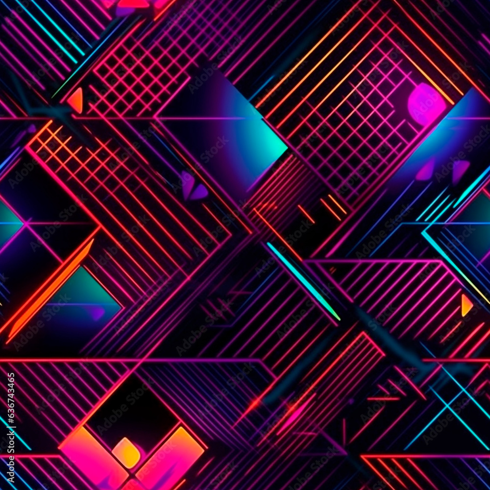 Neon geometric cyber seamless pattern. Purple lines and 3d stripes in ...