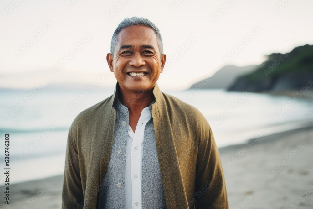 Portrait of a Indonesian man in his 60s in a beach background wearing a ...