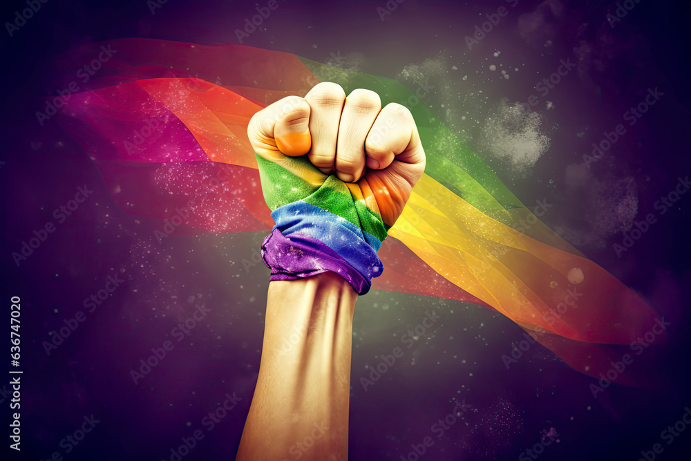 Raised clenched fist with ribbon in rainbow colors, fight for lgbt ...