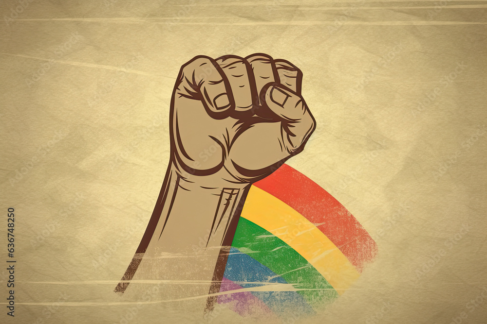 Raised clenched fist with ribbon in rainbow colors, fight for lgbt ...