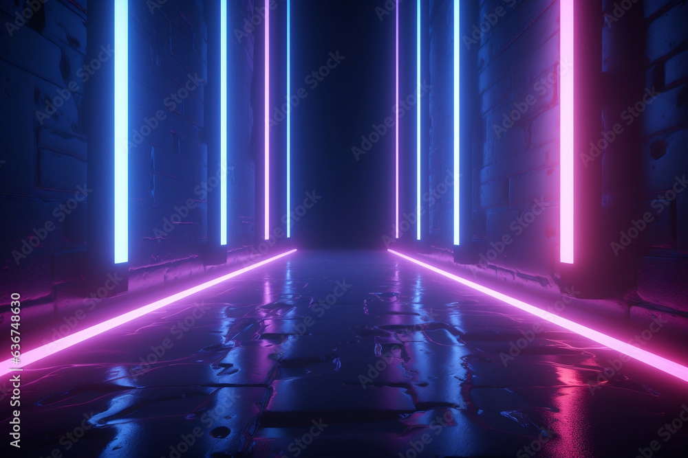 Vivid neon lights on dark background, vray tracing style, dark azure ...