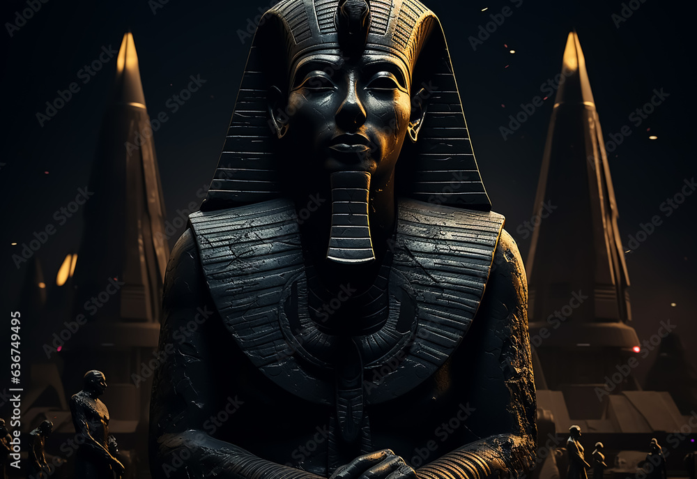 Egyptian pharaoh Sphinx statue in black marble at night in front of ...