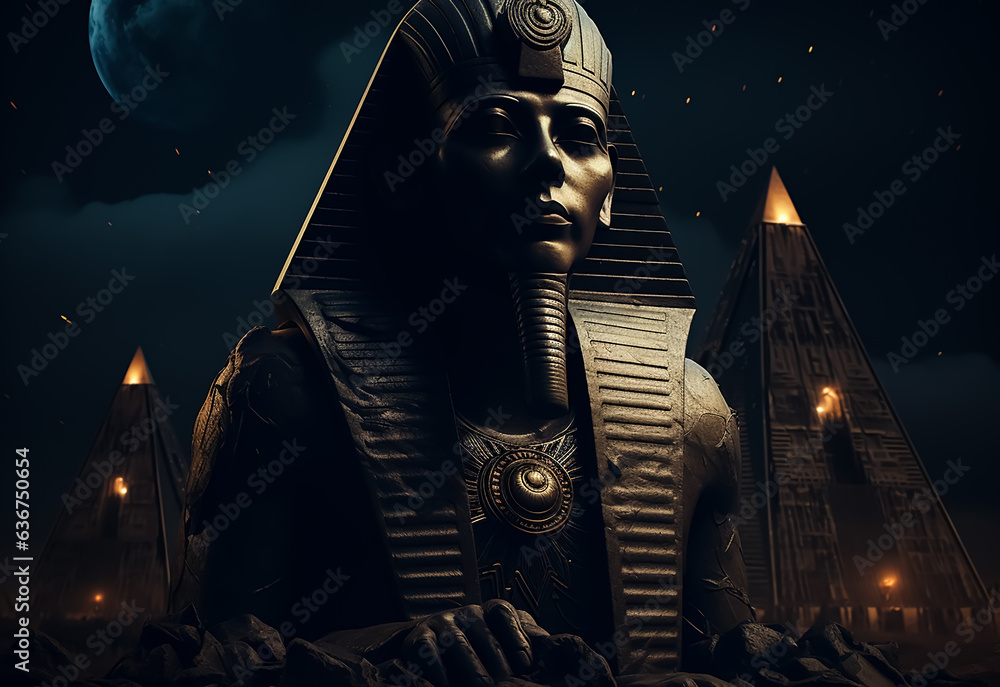 Egyptian pharaoh Sphinx statue in black marble at night in front of ...