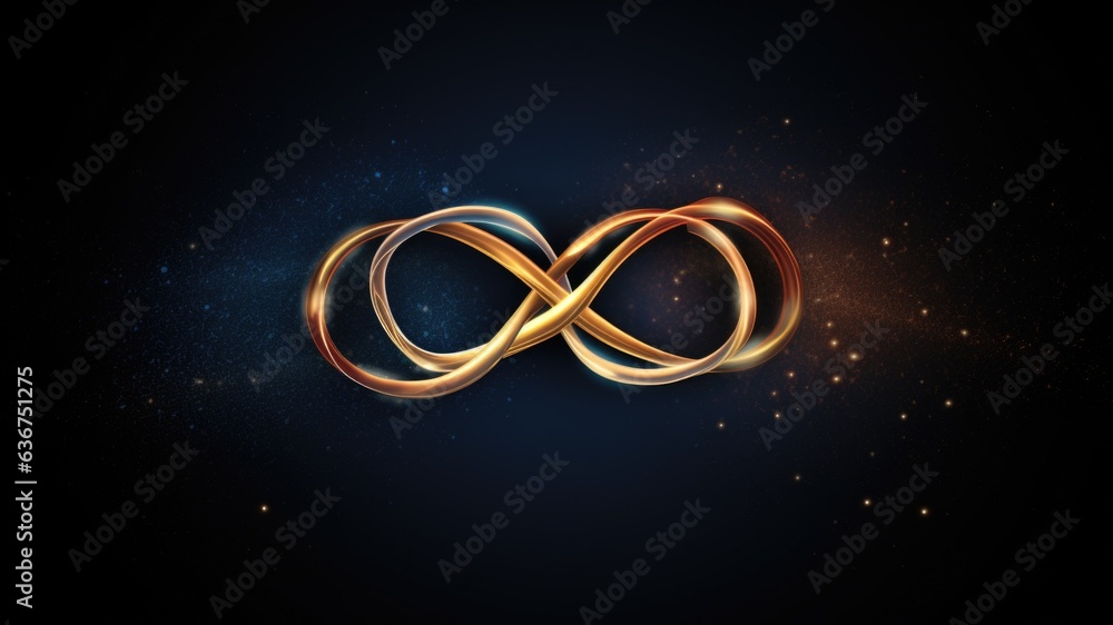 Infinity symbol with shiny rings on dark background, intertwined knots ...