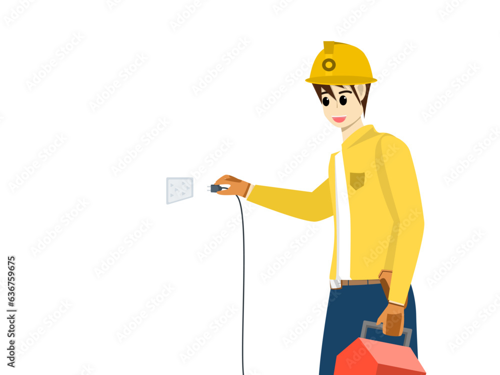 male electrician Power is plugged in of various electrical equipment ...