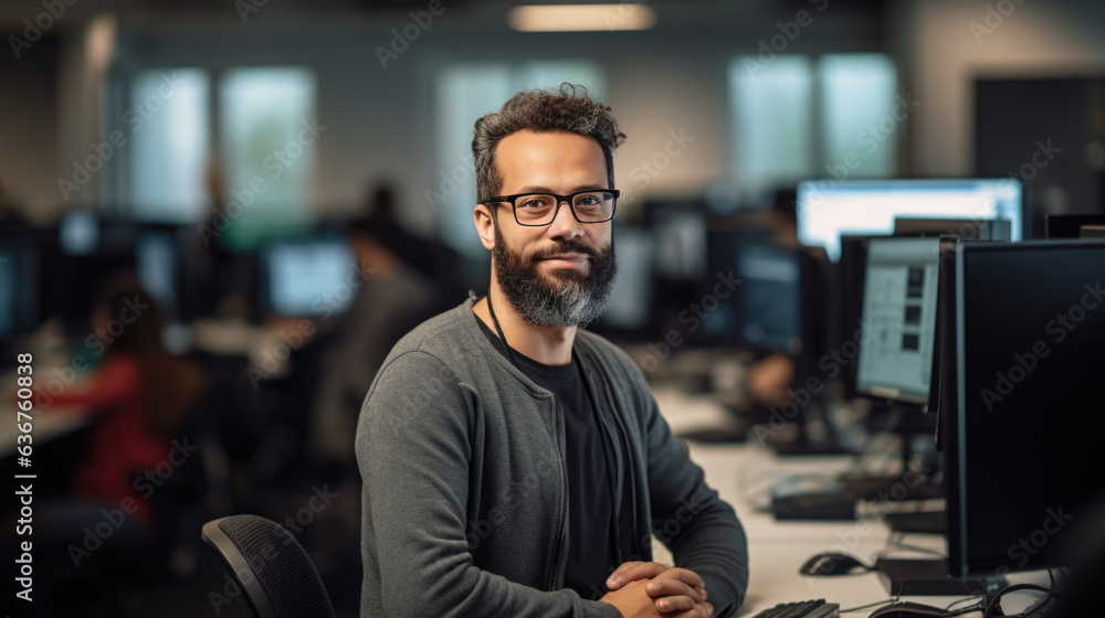 Foto de Cheerful programmer man wearing eyeglasses working with computers in office. do Stock ...